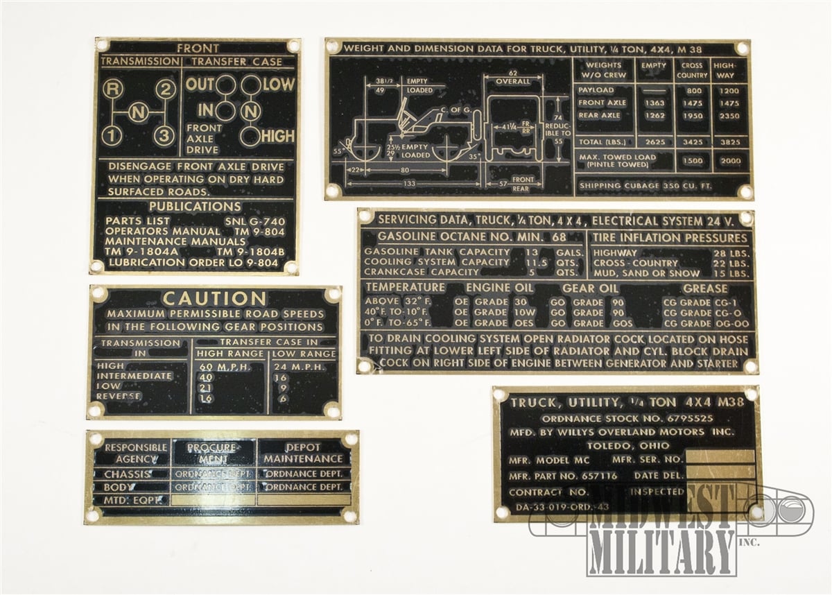 DATA PLATE, SET, BRASS, M38, JEEP, MIDWEST MILITARY